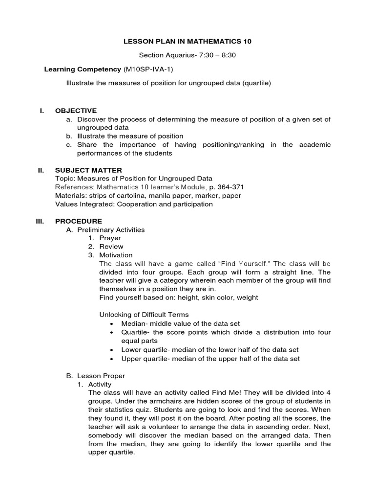 Lesson Plan in Mathematics 10 | PDF | Quartile | Lesson Plan