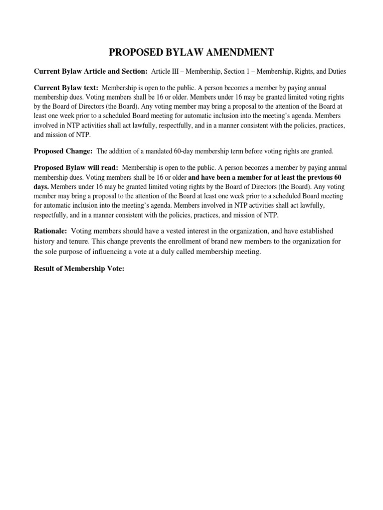 Proposed Bylaw Amendment: Current Bylaw Article and Section: Current Bylaw Text | PDF ...
