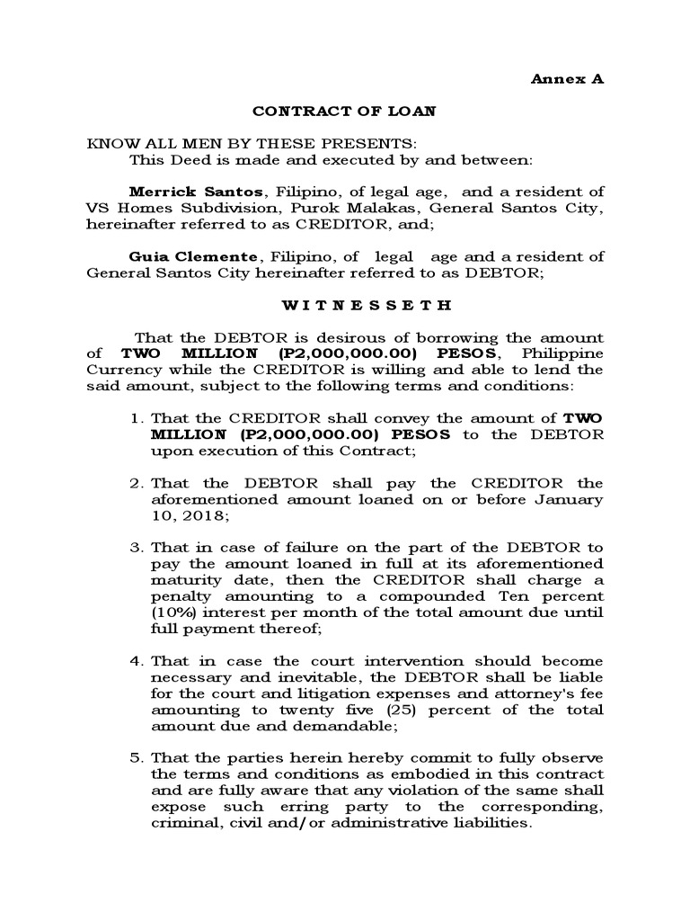 Annex A Contract Of Loan | Debtor | Loans