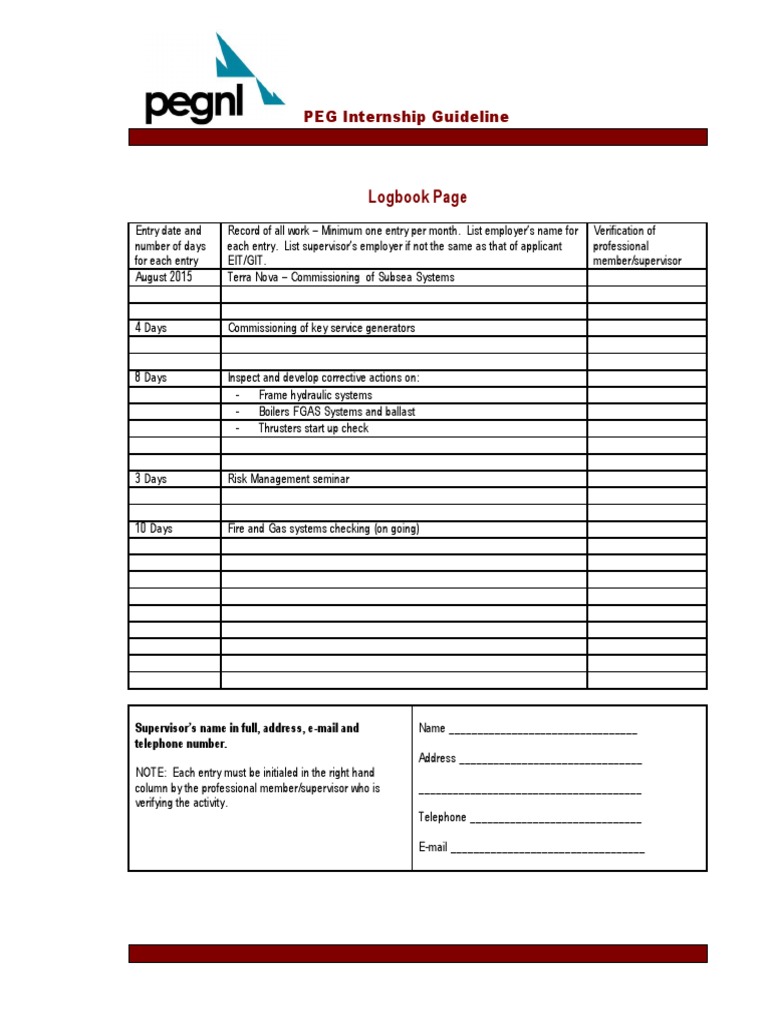 PEG Internship Logbook: Documenting Work Experience and Verification for an Engineering ...