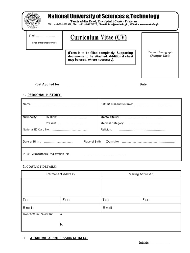 Nust CV Form | PDF | Bachelor Of Science | Master Of Science