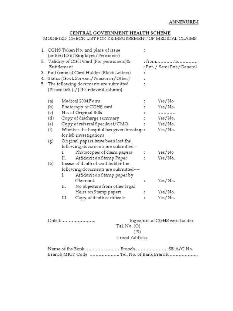 CGHS Medical Reimbursement Claim Form | PDF | Government Information ...