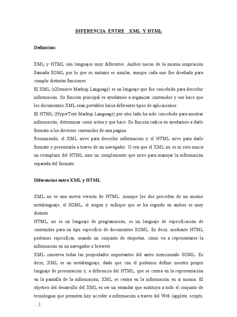 Diferencia Entre XML y HTML | PDF | Xml | Lenguaje de marcado