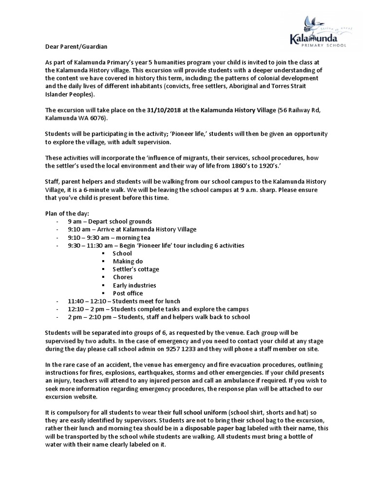 Excursion Parent Letter | PDF | Behavior Modification