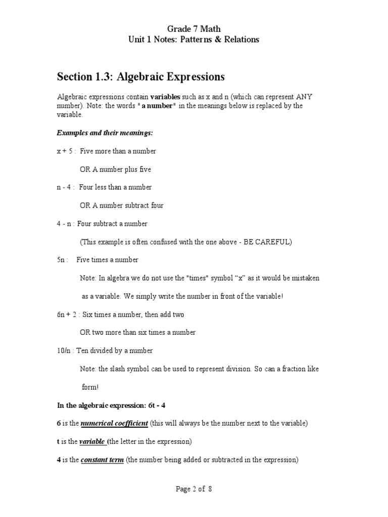 Section 1.3: Algebraic Expressions: Grade 7 Math Unit 1 Notes: Patterns ...