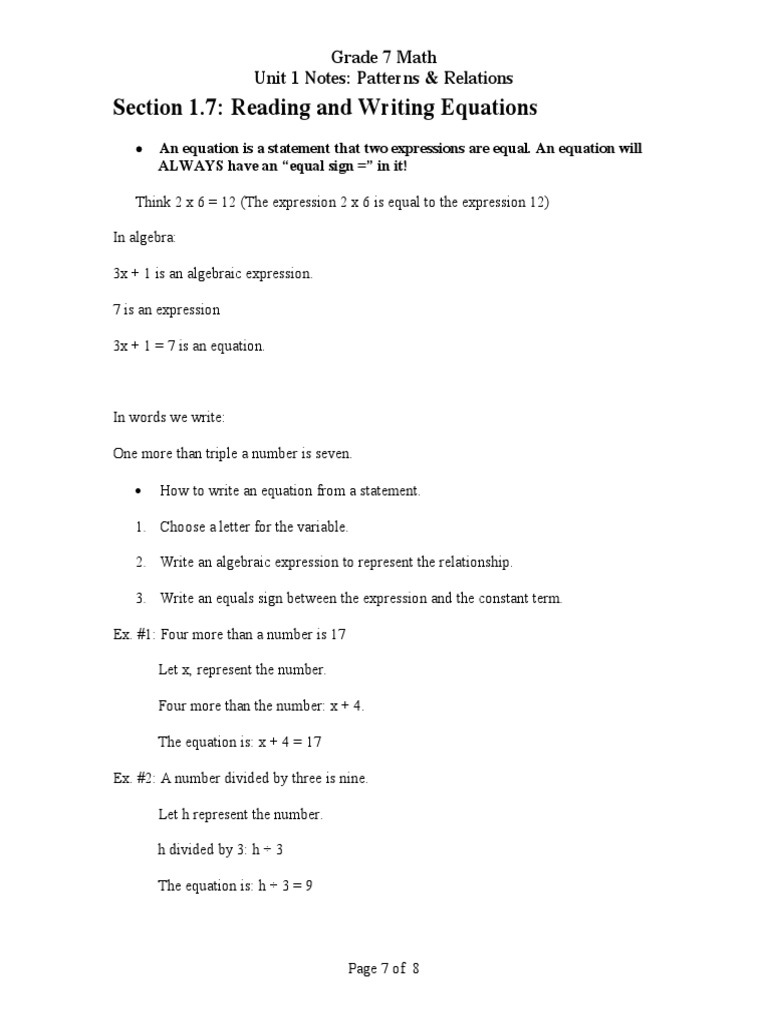 Section 1.7: Reading and Writing Equations: Grade 7 Math Unit 1 Notes ...