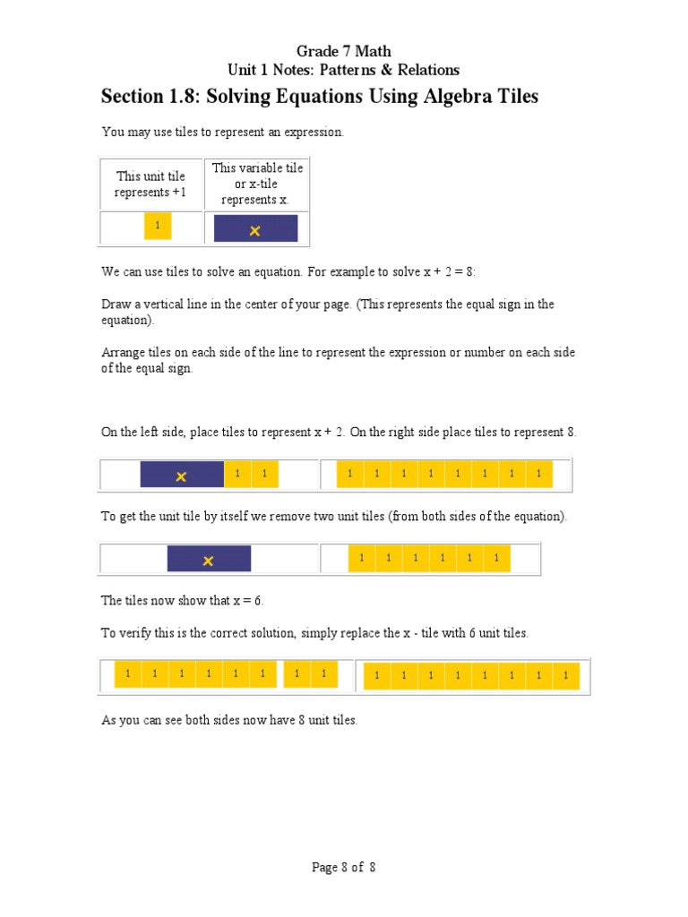 Section 1.8: Solving Equations Using Algebra Tiles: Grade 7 Math Unit 1 ...