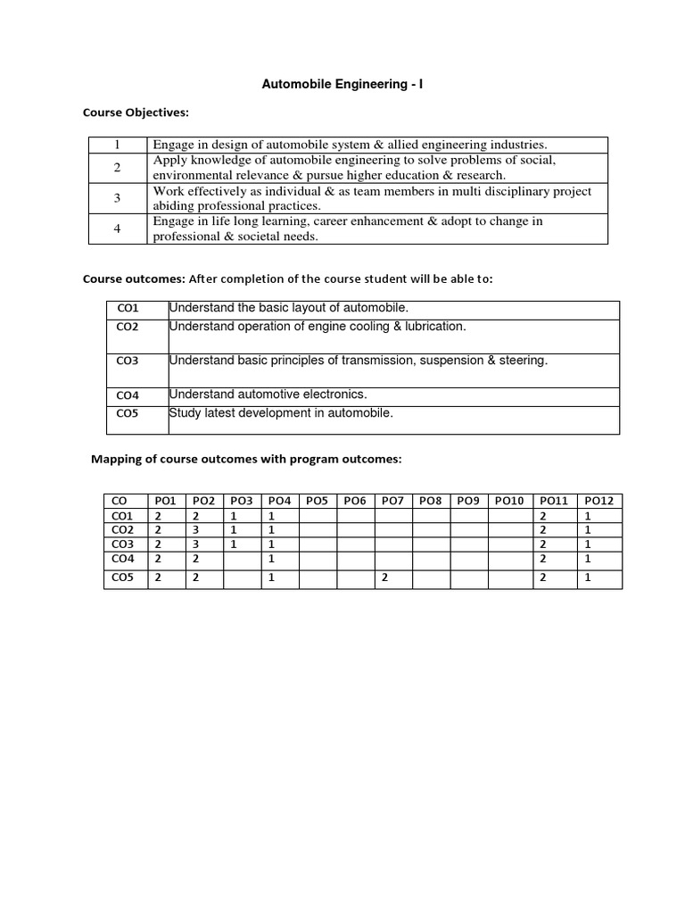 Course Objectives:: Automobile Engineering - I | PDF