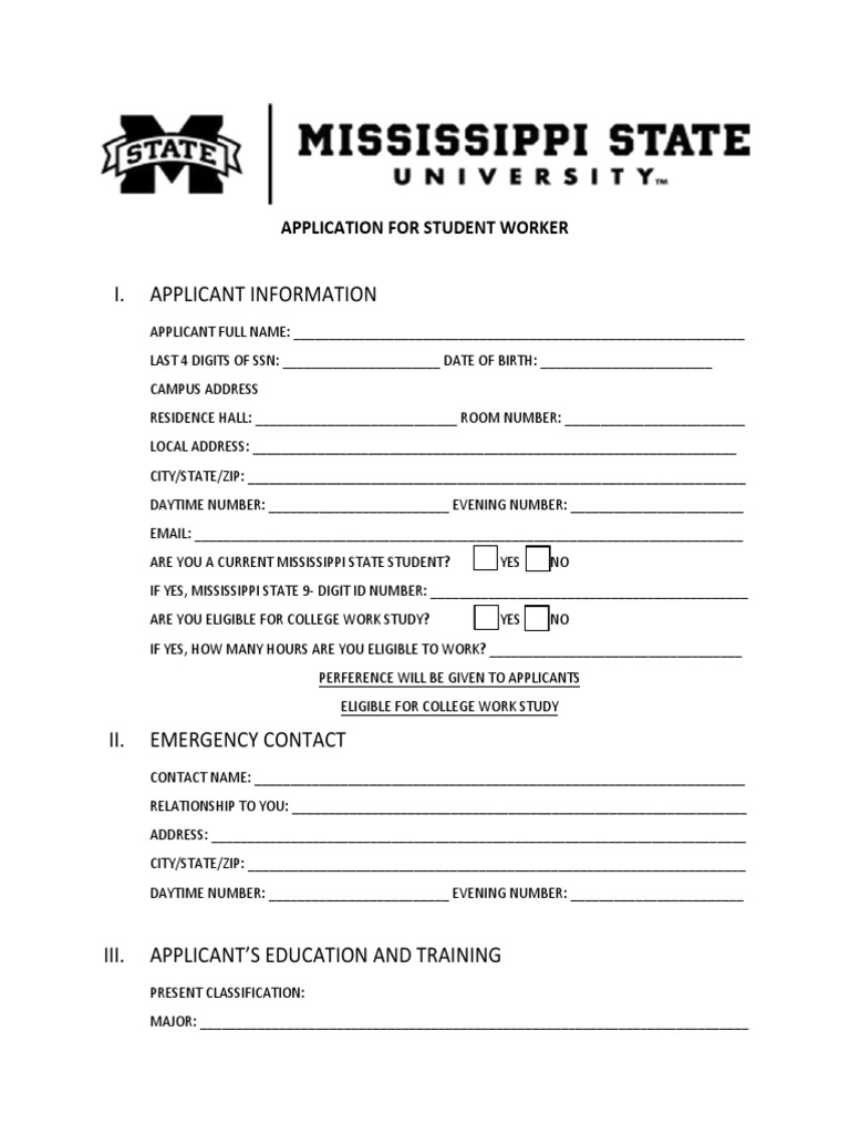 I. Applicant Information: Application For Student Worker | Download ...