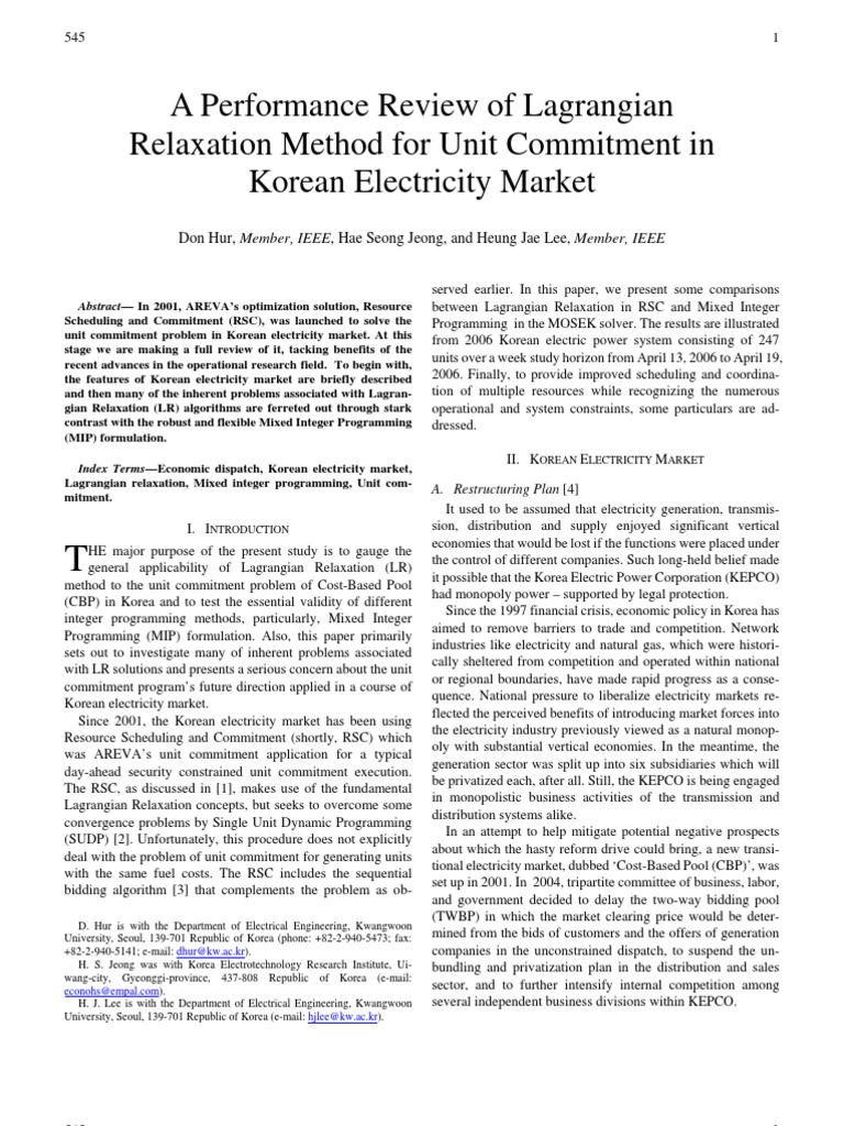 A Performance Review of Lagrangian Relaxation Method For Unit Commitment in Korean Electricity ...