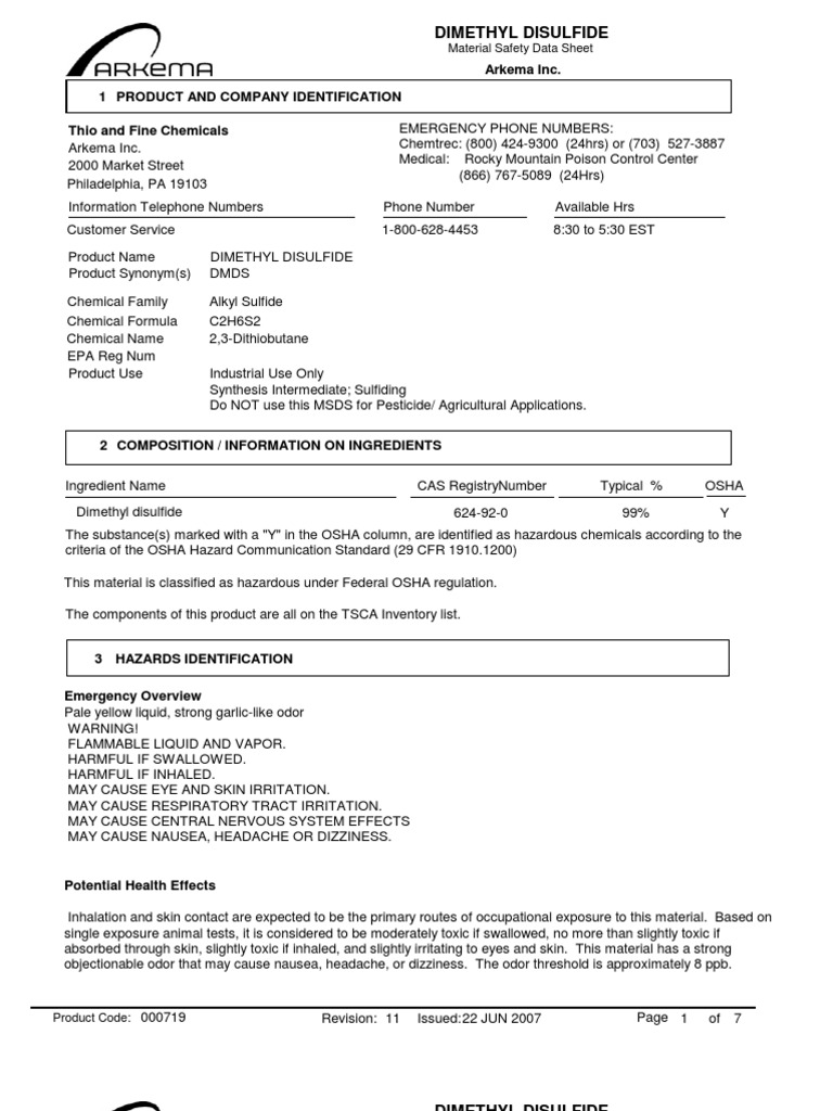 Arkema MSDS for Dimethyl Disulfide | PDF | Personal Protective ...