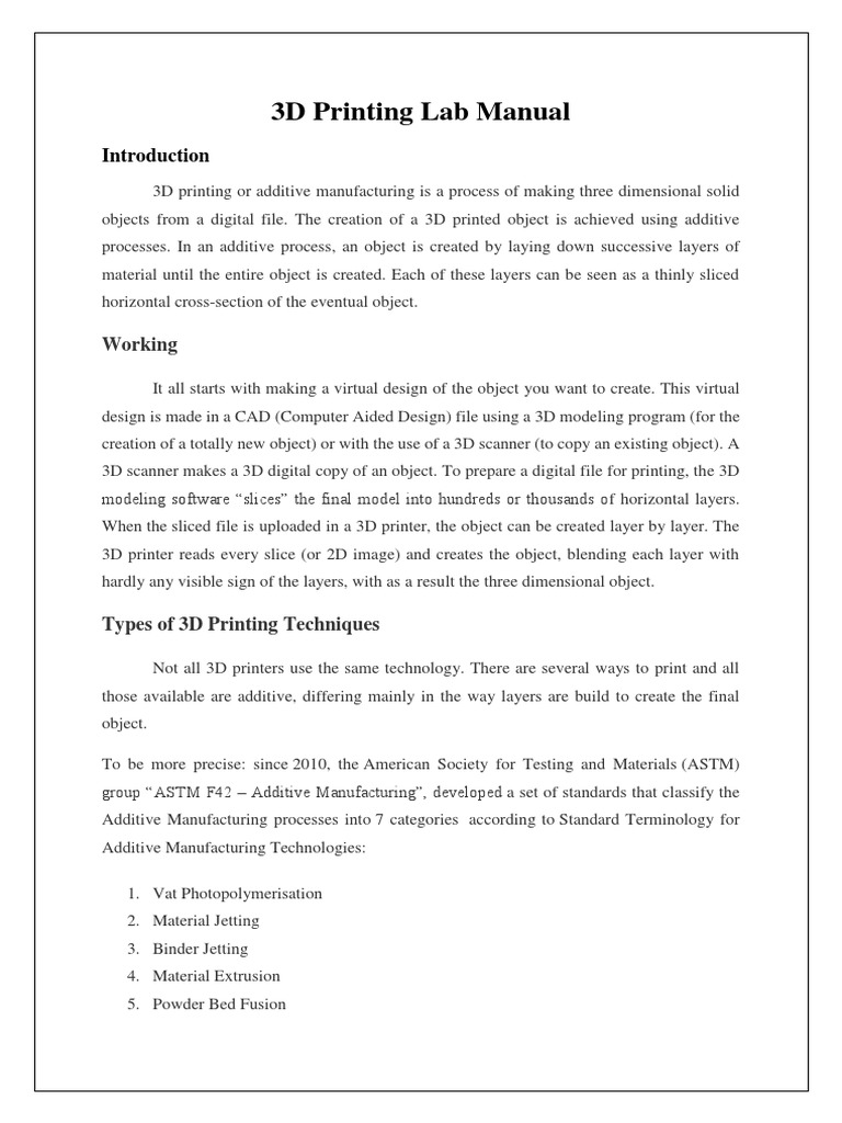 3D Printing Lab Manual: Working | PDF | 3 D Printing | 3 D Modeling