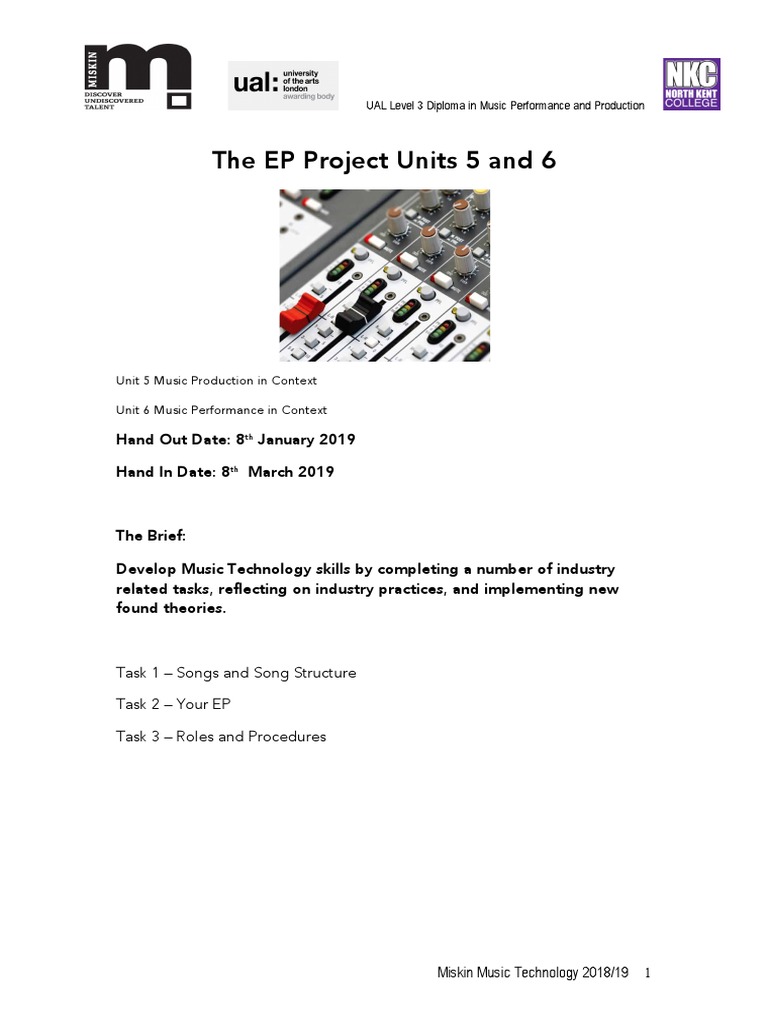 The EP Project Units 5 and 6: UAL Level 3 Diploma in Music Performance and Production | PDF ...