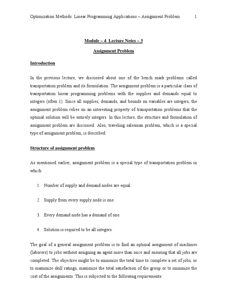 Module - 4 Lecture Notes - 3 Assignment Problem | PDF