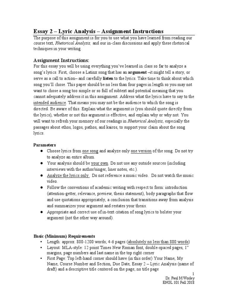 Essay 2 - Lyric Analysis - Assignment Instructions | Download Free PDF ...