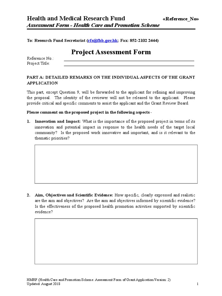 Project Assessment Form: Health and Medical Research Fund | PDF ...