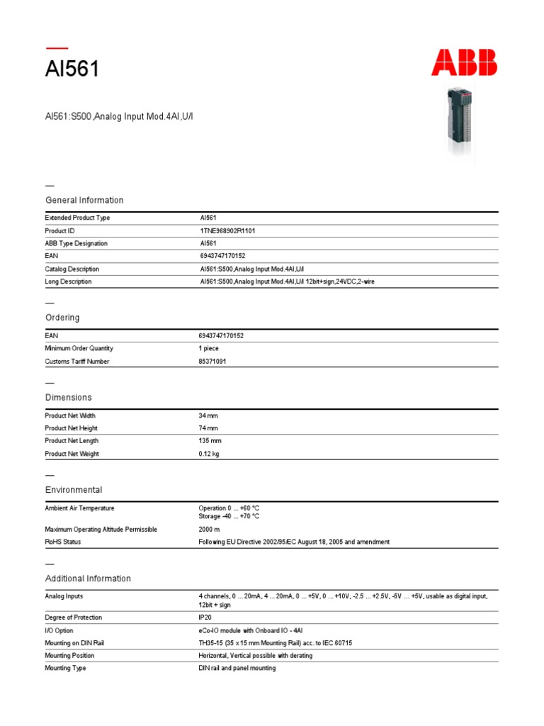 ABB AI561 Analog Input Module Details | PDF | Programmable Logic ...