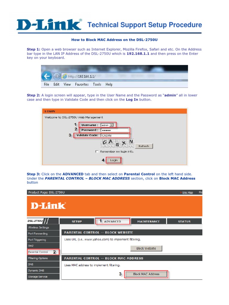 Technical Support Setup Procedure: How To Block MAC Address On The DSL ...