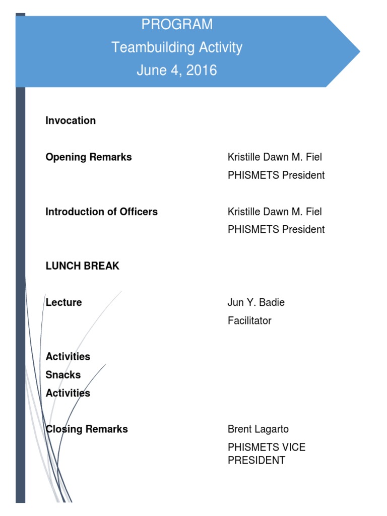 Program Teambuilding Activity June 4, 2016: Invocation | PDF | Science & Mathematics