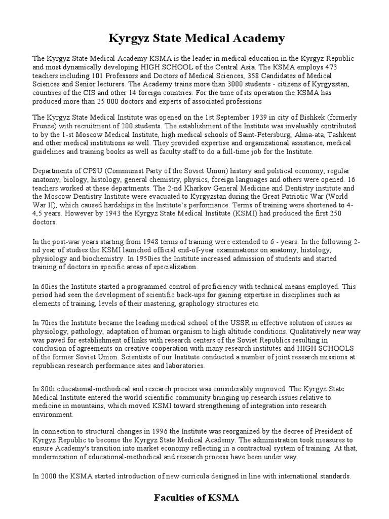Kyrgyz State Medical Academy: Faculties of KSMA | PDF | Kyrgyzstan ...