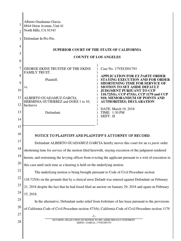 Aplication For Ex Parte | PDF | Default Judgment | Ex Parte