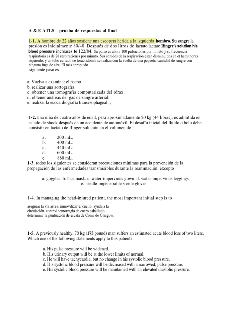 Atls Espanol Post Test | PDF | Lesión | Choque (circulatorio)