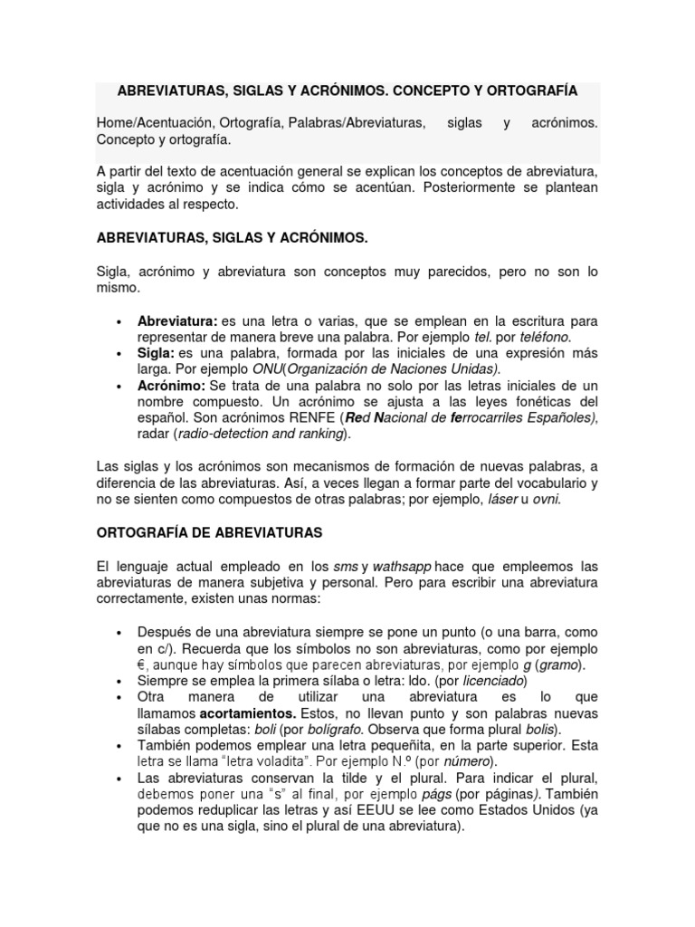Abreviaturas, Siglas y Acrónimos. Concepto y Ortografía | PDF ...