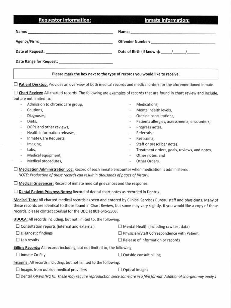 Utah Prison Medical Records Checklist | PDF