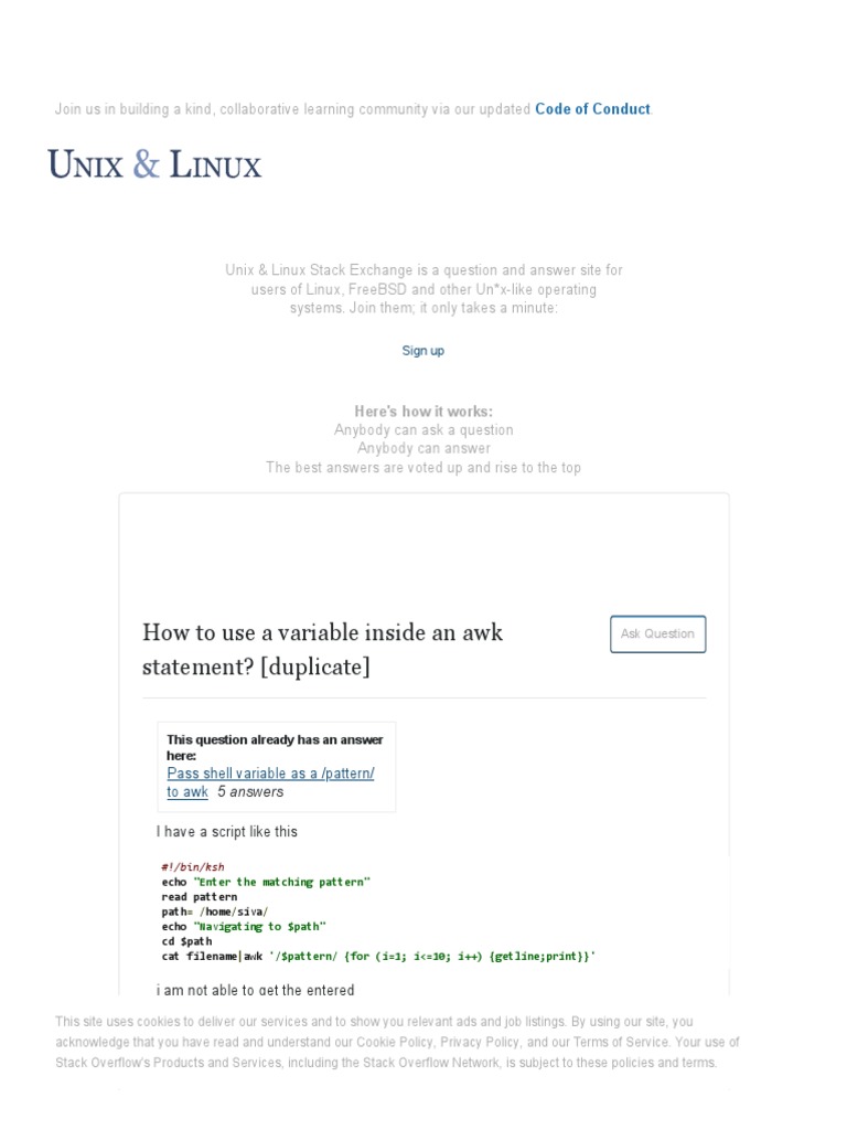 Scripting How To Use A Variable Inside An Awk Statement Unix