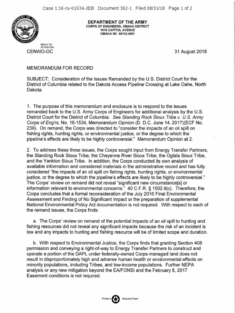DAPL Memorandum For Record | PDF | National Environmental Policy Act ...