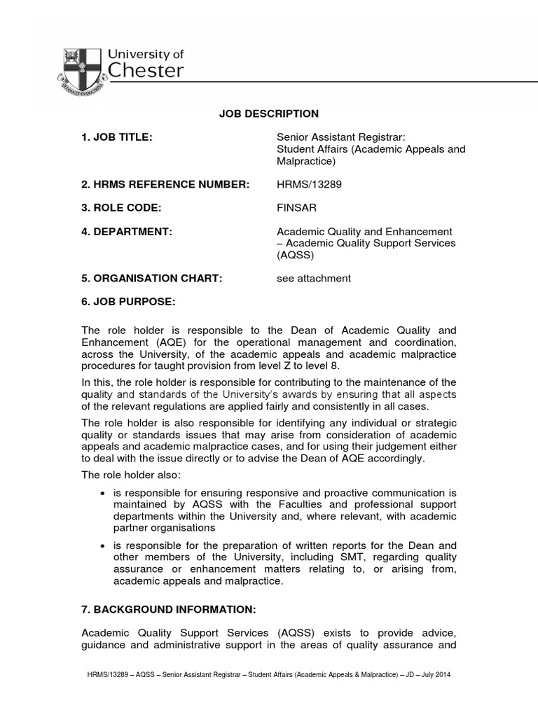 Senior Assistant Registrar Job Description | PDF | Dean (Education ...