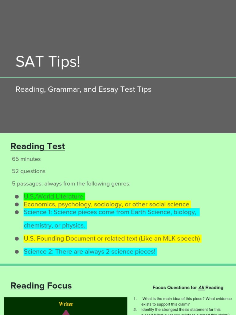 SAT Tips!: Reading, Grammar, and Essay Test Tips | PDF | Sat | Essays