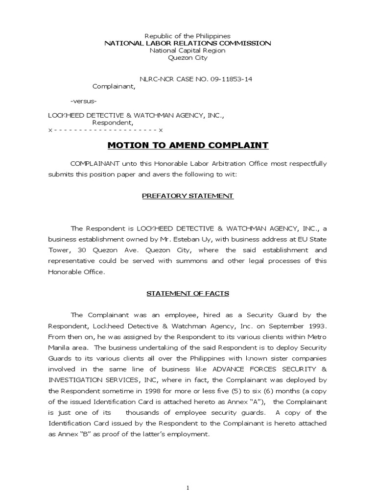Motion To Amend Complaint | PDF | Attorney's Fee | Security Guard