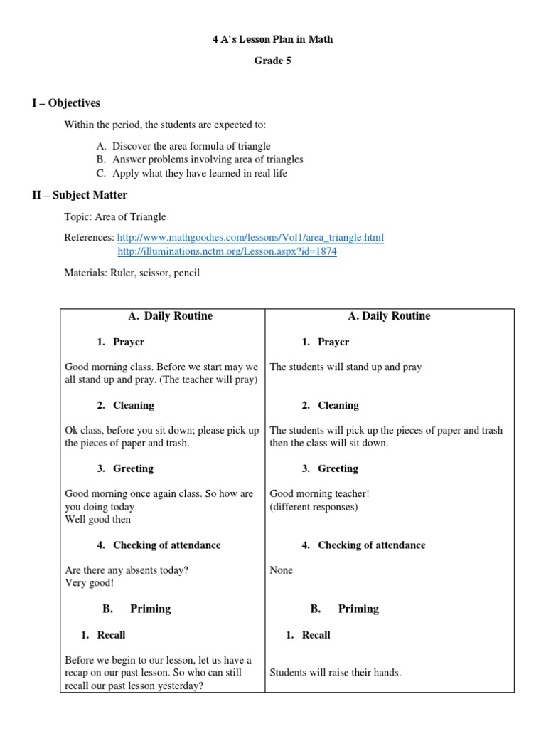 4 A's Lesson Plan | PDF | Area | Triangle