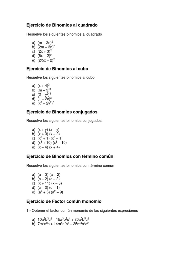 Ejercicios de Binomios al Cuadrado y Cubo | PDF | Métodos y materiales ...