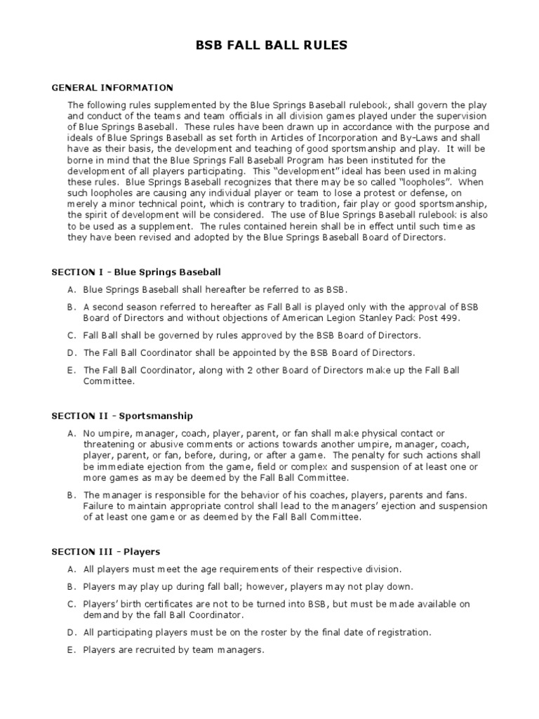 BSB Fall Ball Rules: General Information | PDF | Pitcher | Batting ...