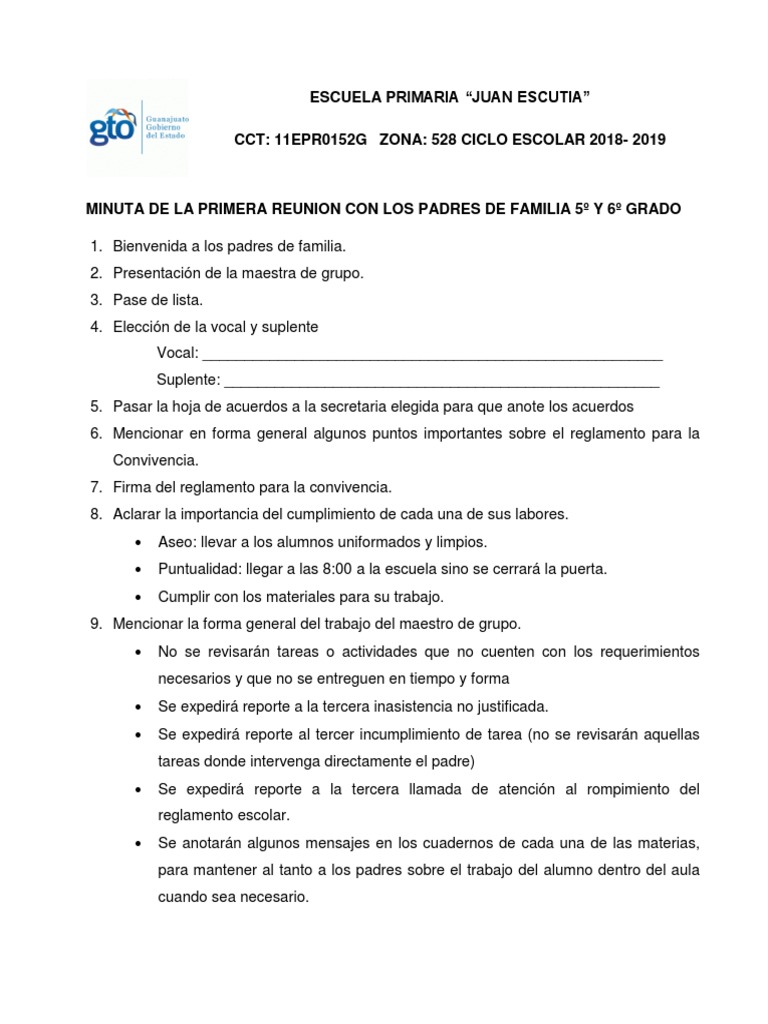 Resumen de la primera reunión con padres de familia de 5o y 6o grado de ...