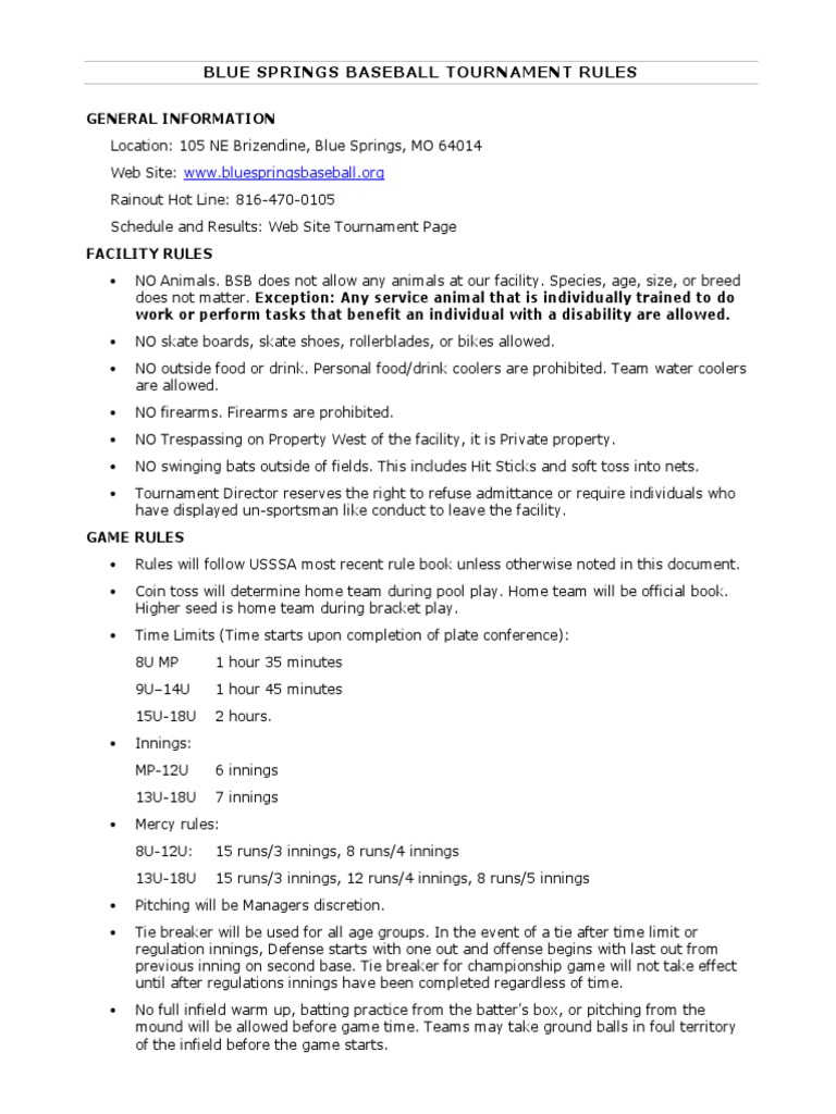 Blue Springs Baseball Tournament Rules: General Information | PDF | Baseball Field | Pitcher