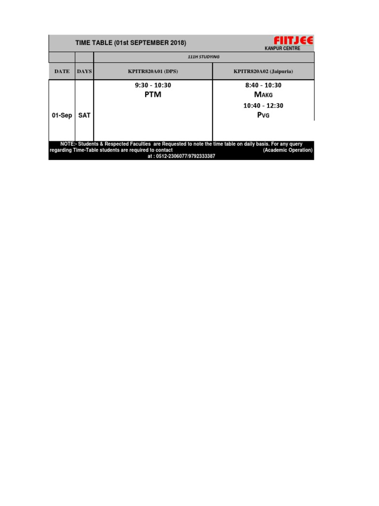 PTM M P: Time Table (01St September 2018) | PDF