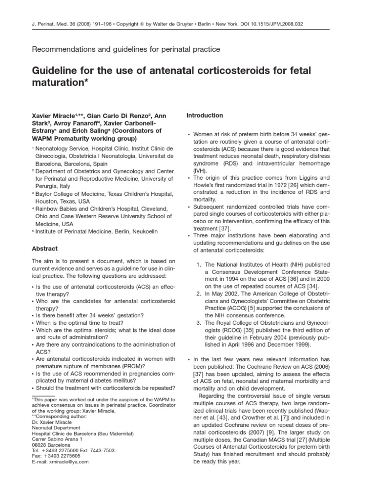 Guideline For The Use of Antenatal Corticosteroids For Fetal Maturation ...