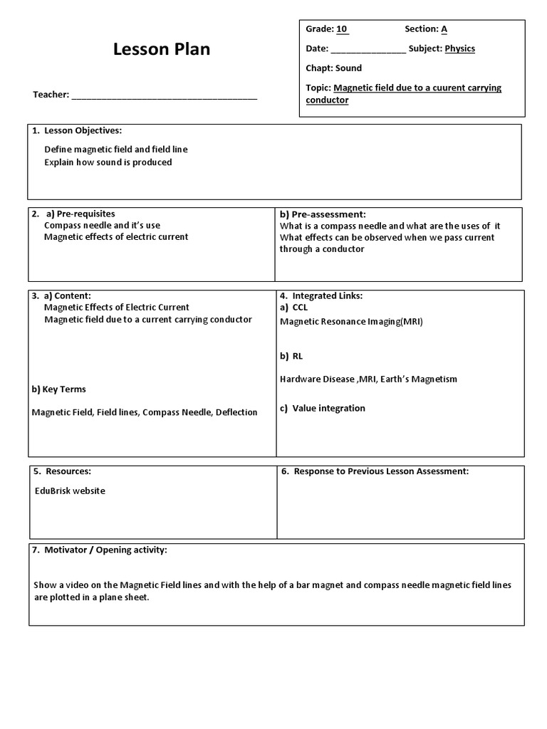 Magnetic Field Lesson Plan for Grade 10 | PDF | Magnetic Field | Compass