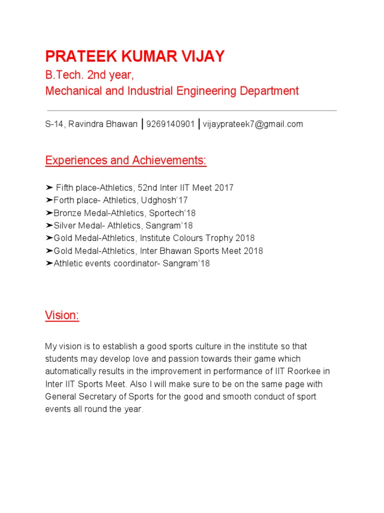 Prateek Kumar Vijay: B.Tech. 2nd Year, Mechanical and Industrial Engineering Department | PDF