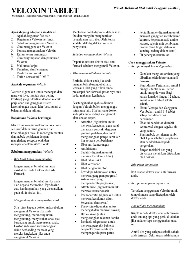 Veloxin Tablet Meclozine Hydrochloride Pyridoxine Hydrochloride Pharm-D ...