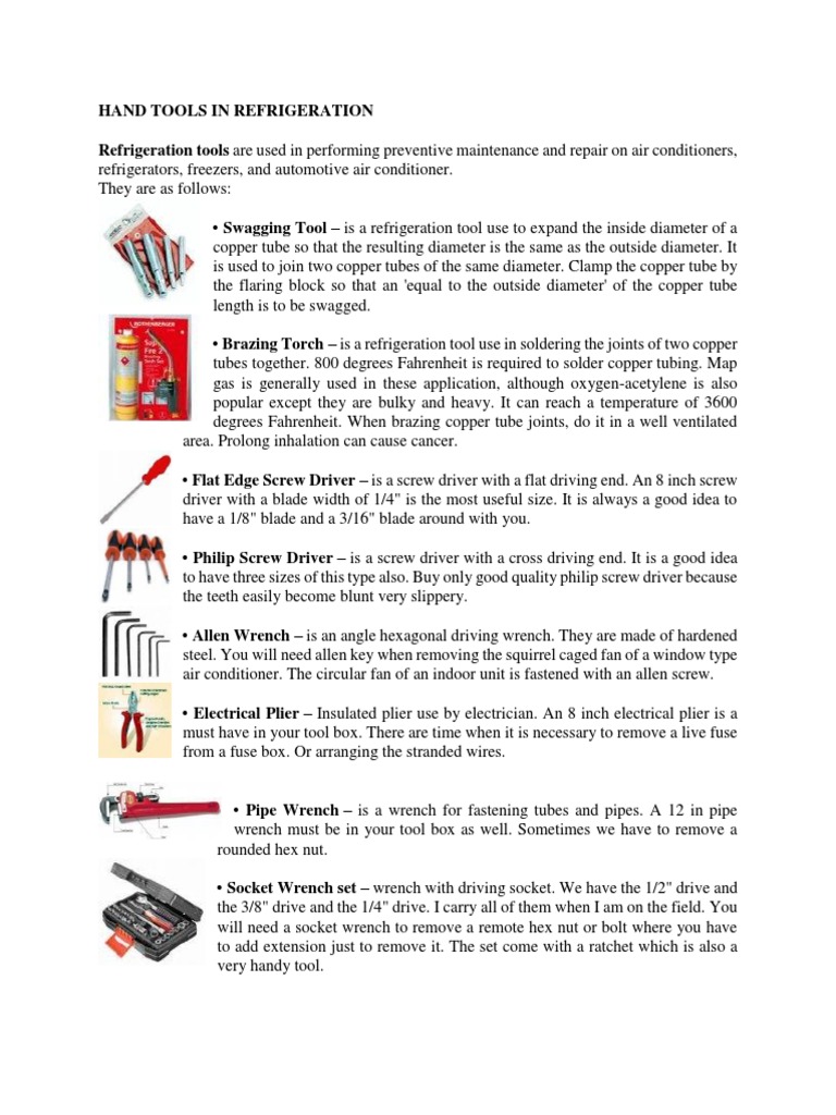 HAND TOOLS FOR REFRIGERATION REPAIR | PDF | Screw | Mechanical Engineering