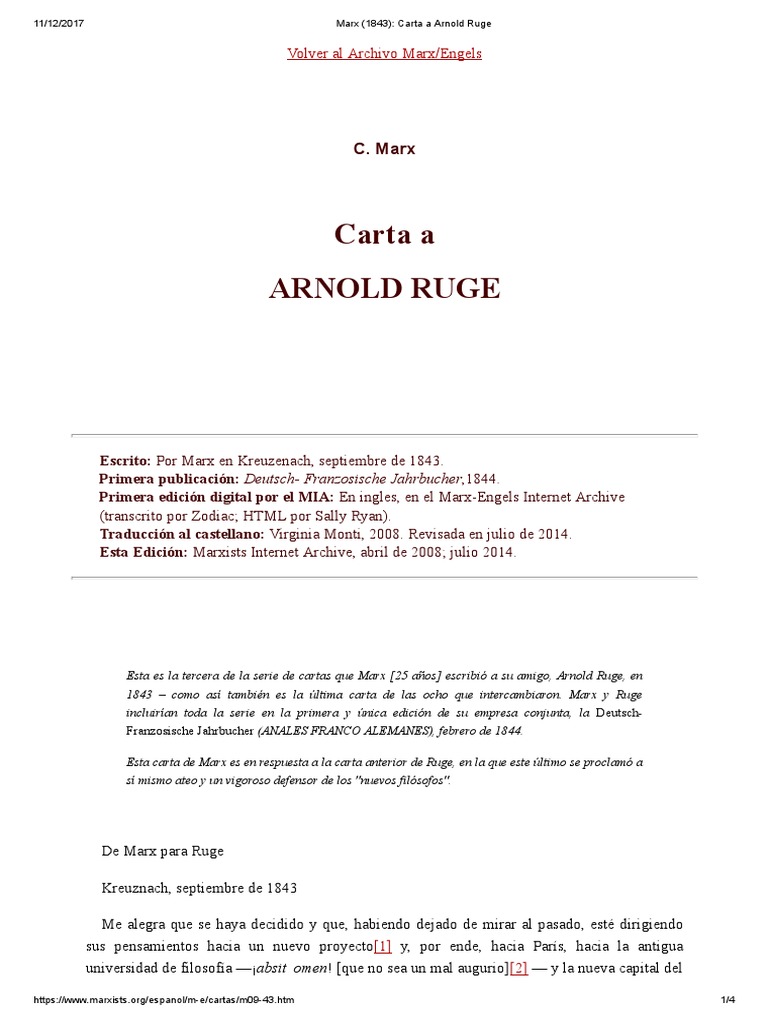 Marx (1843) - Carta A Arnold Ruge | PDF | Karl Marx | Comunismo