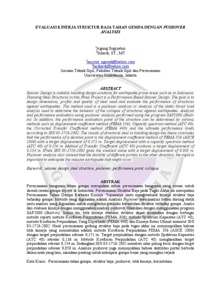EVALUASI KINERJA STRUKTUR BAJA TAHAN GEMPA DENGAN PUSHOVER ANALYSIS | PDF