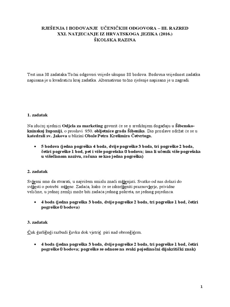 Hrvatski Skolsko 2016 Rjesenja 3.razred | PDF