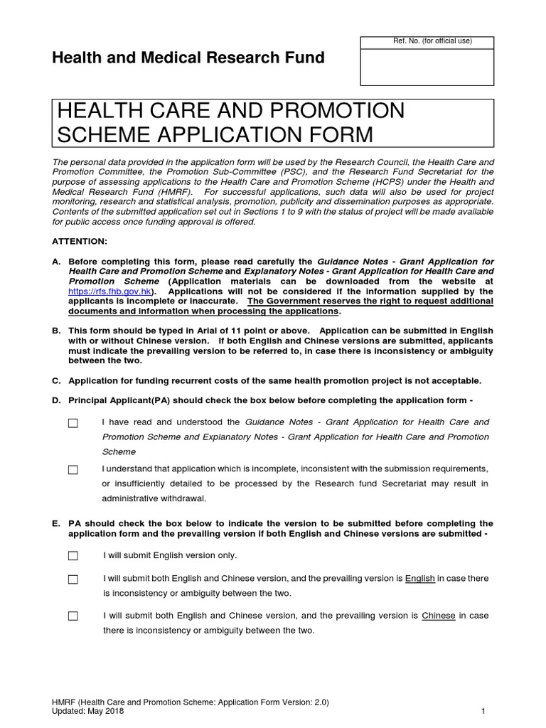 Health Care and Promotion Scheme Application Form | PDF | Preventive ...