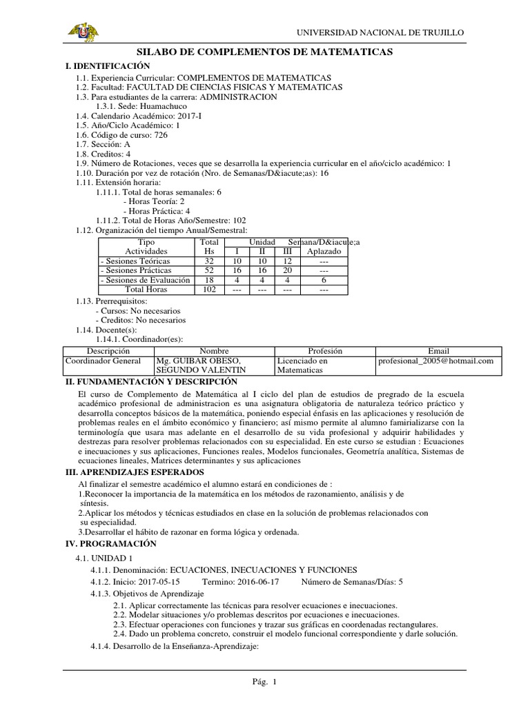 Silabo Del Curso Complemento | PDF | Prueba (evaluación) | Ecuaciones