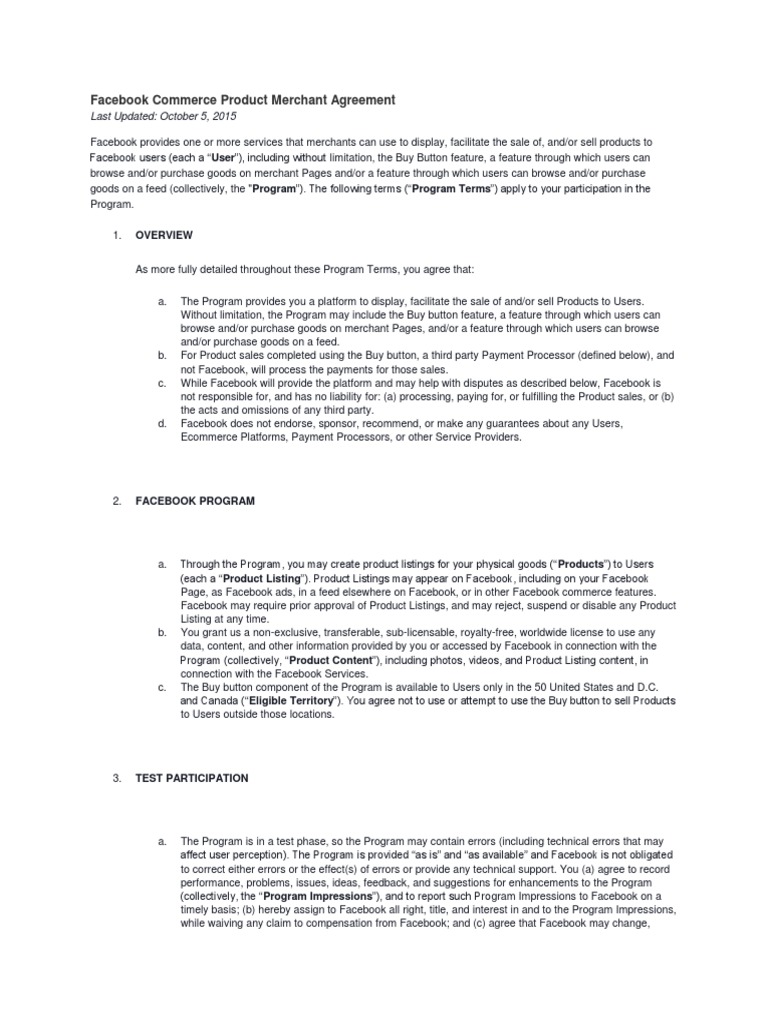 Agreement Terms for Facebook's Commerce Product Test Program Allowing ...